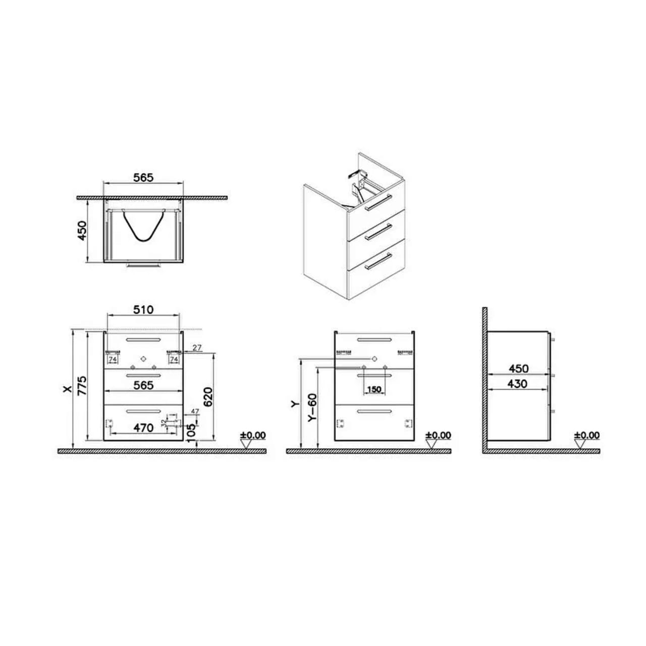 67972-7055B003-0001 - VitrA: Root Flat Wall-hung Vanity Unit with Three ...