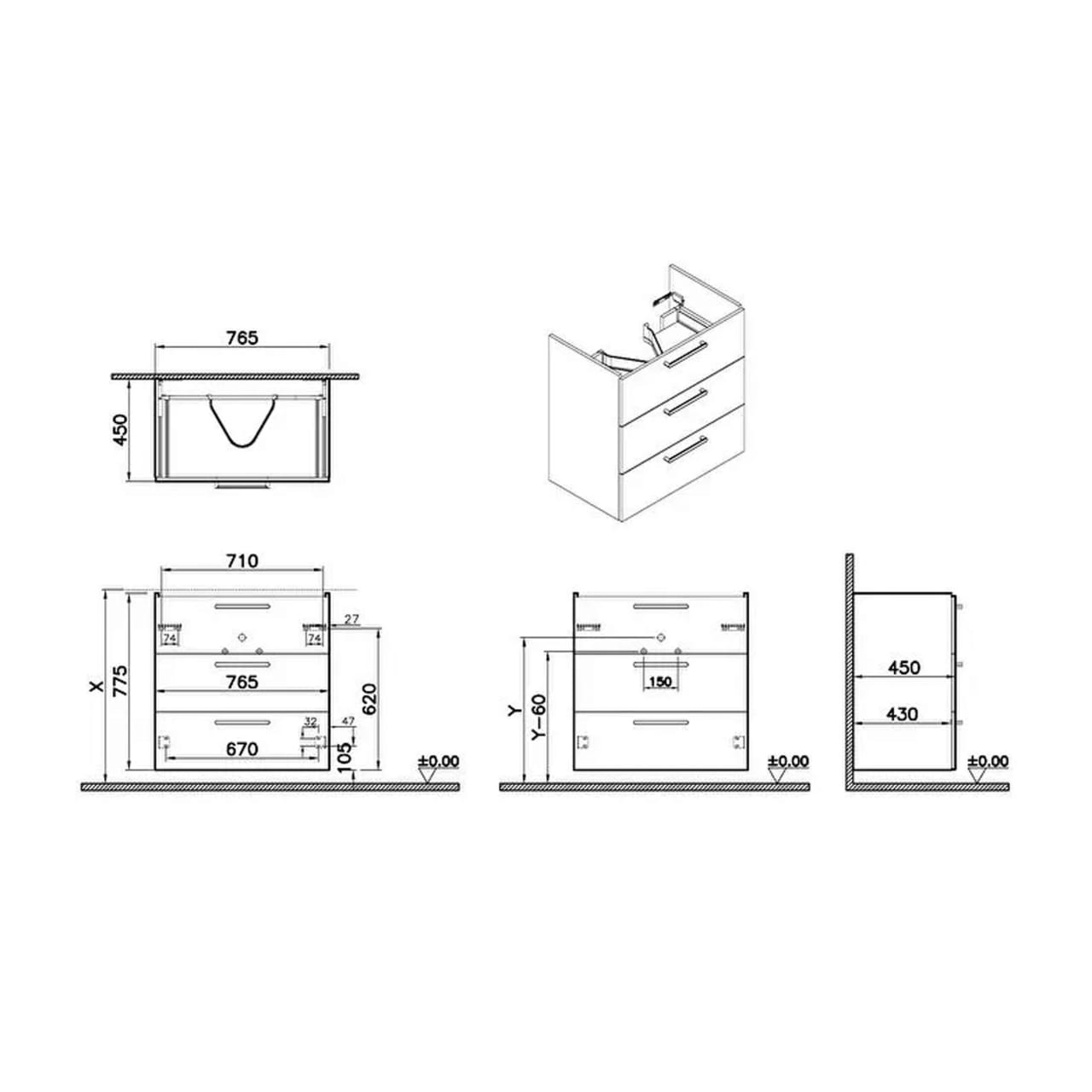 67985-7056B003-0001 - VitrA: Root Flat Wall-hung Vanity Unit with Three ...
