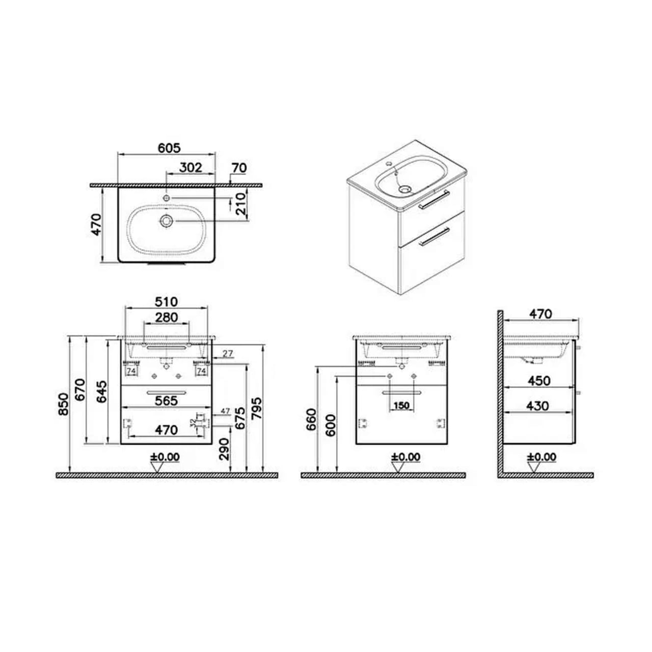 VitrA: Root Flat Wall-hung Compact Vanity Unit with Two Drawers & Basin ...