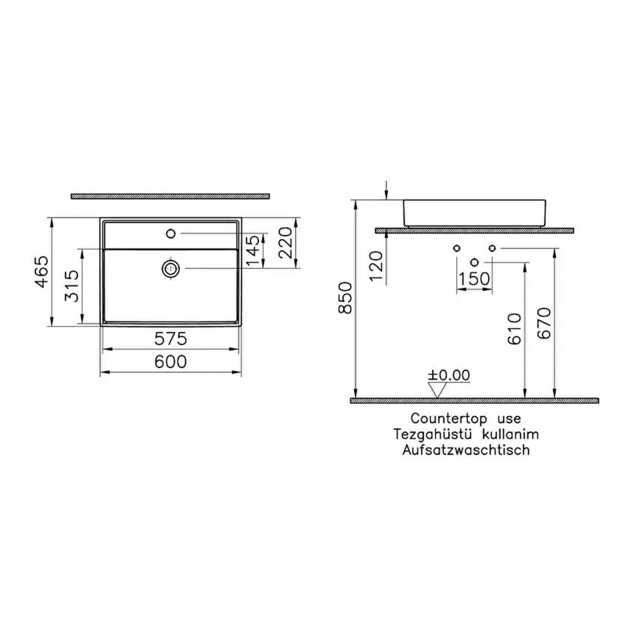 7414B076-0631 - VitrA: ArchiPlan Square Basin with One Tap Hole (600mm ...